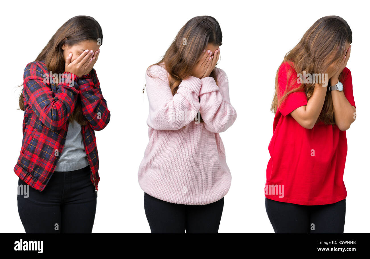 Collage of beautiful young woman over isolated background with sad ...