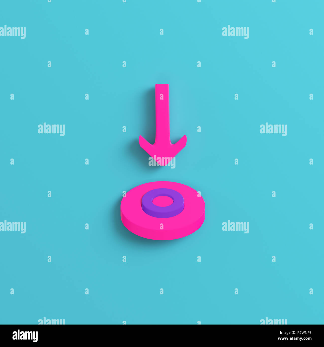 Pink arrow pointing target on bright blue background. Minimalism ...