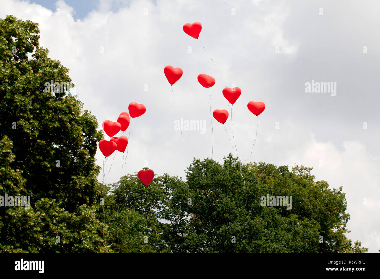 Red heart balloons fly in blue sky Stock Photo - Alamy