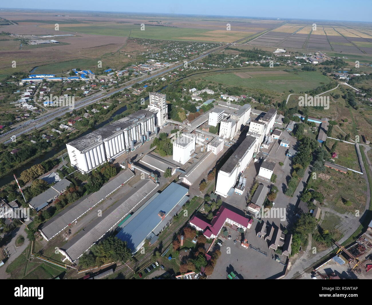 Top view of a silo elevator. Aerophotographing industrial object Stock ...