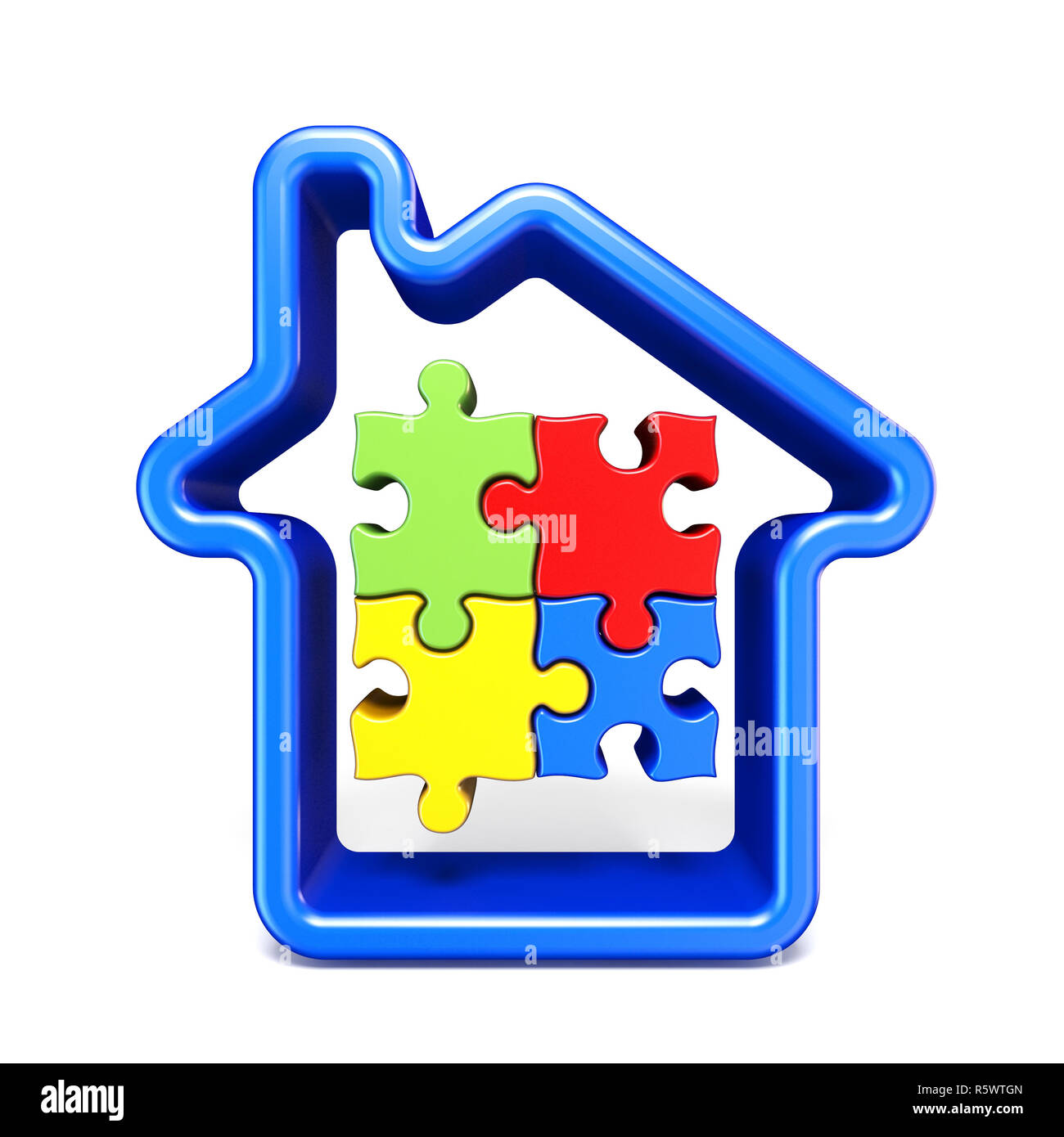 Blue house outline sign with jigsaw puzzles 3D rendering illustration ...