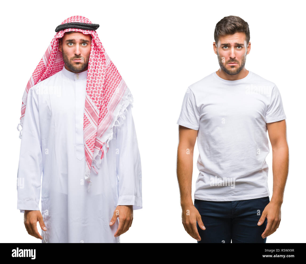 Collage of handsome young man and arab man over isolated background ...