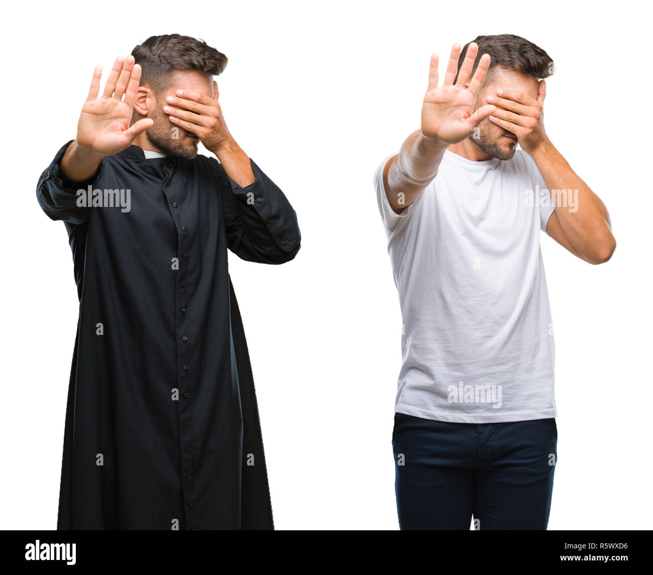 Collage of handsome young man and catholic priest over isolated ...