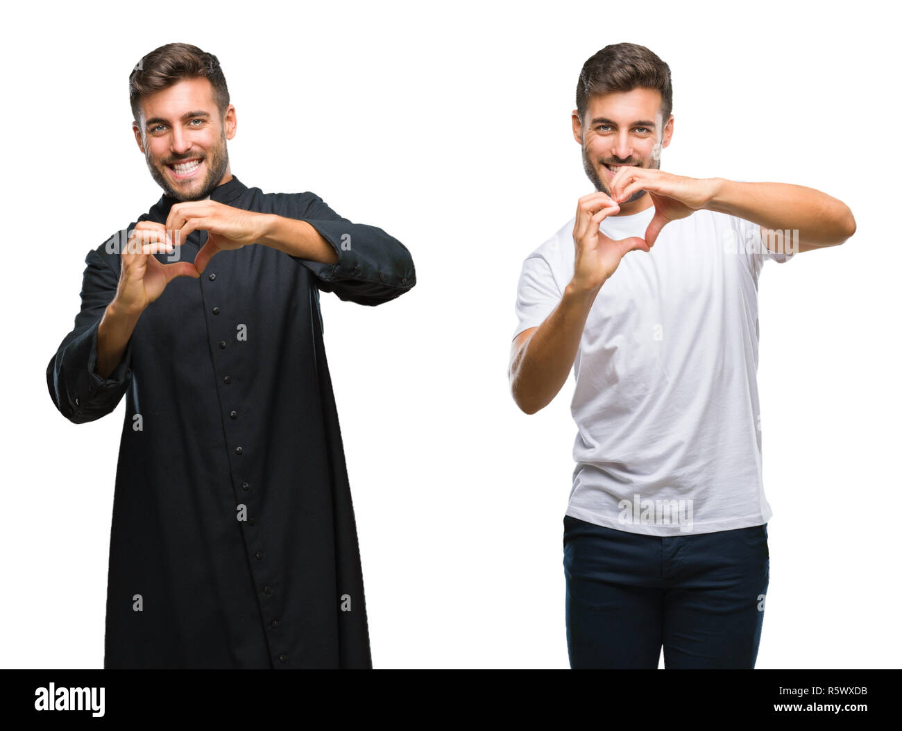 Collage of handsome young man and catholic priest over isolated ...