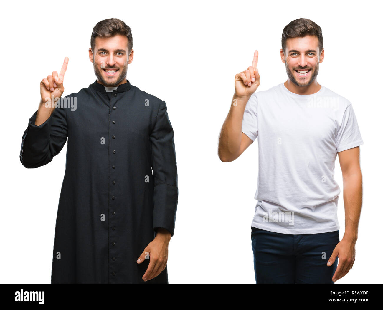 Collage of handsome young man and catholic priest over isolated ...