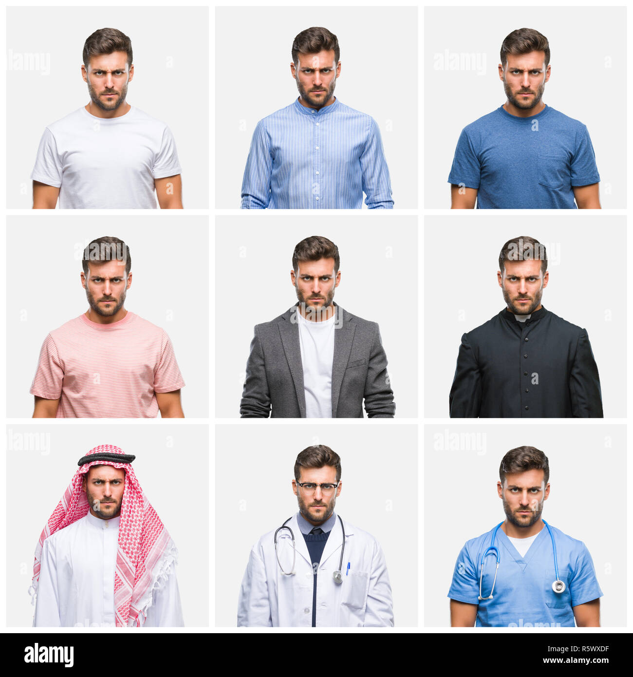Collage of young doctor arab business man isolated background skeptic ...