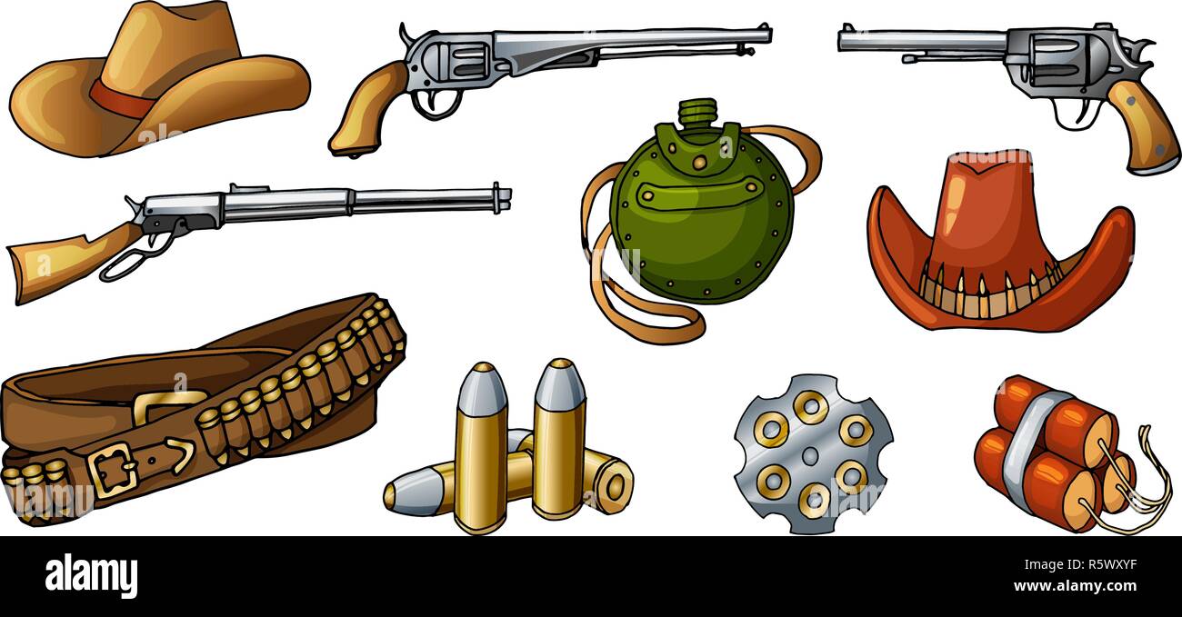 Colored vector illustrations of wild west weapons and items isolated on ...