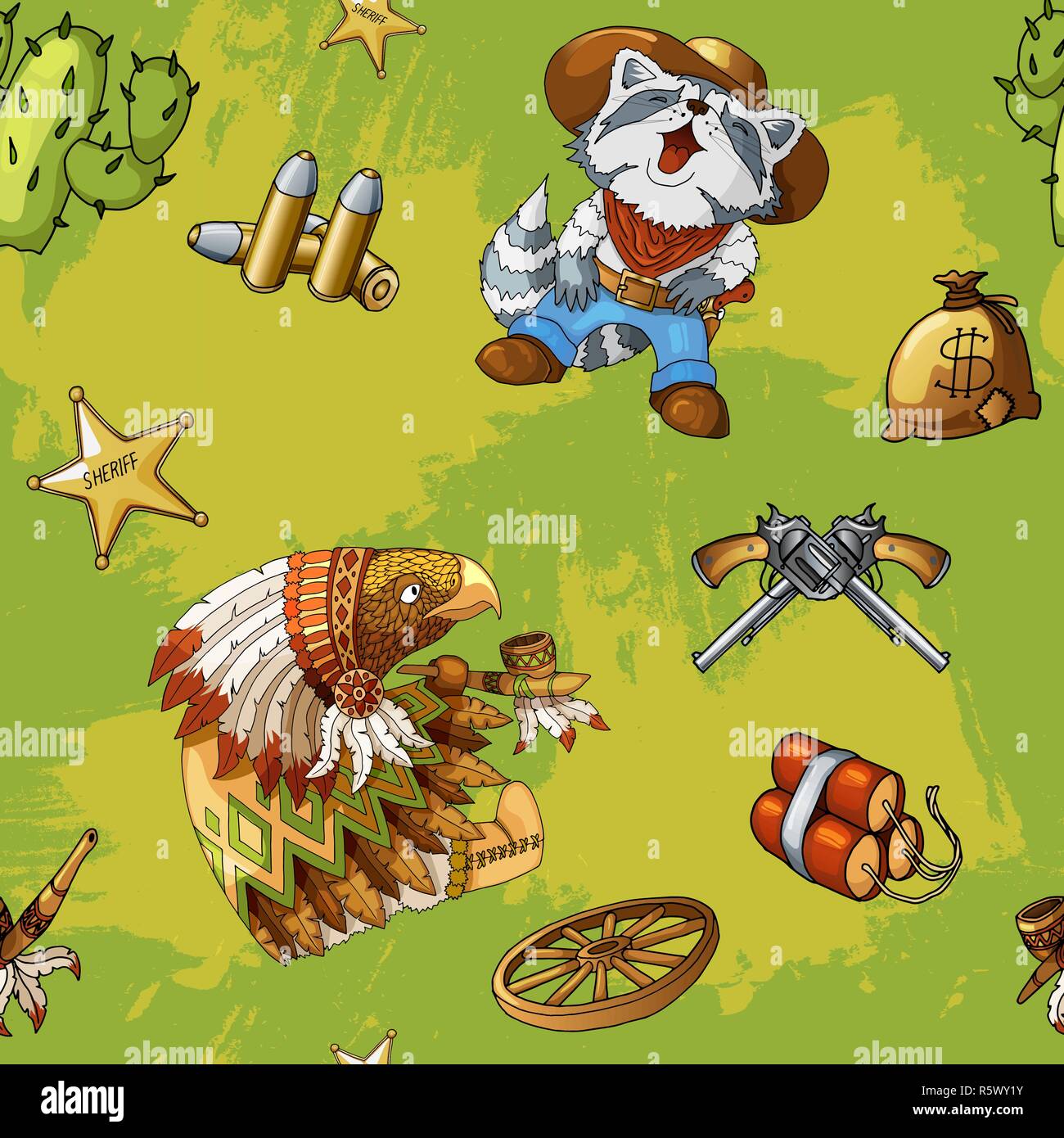 Western rodeo seamless green background pattern with colored vector ...