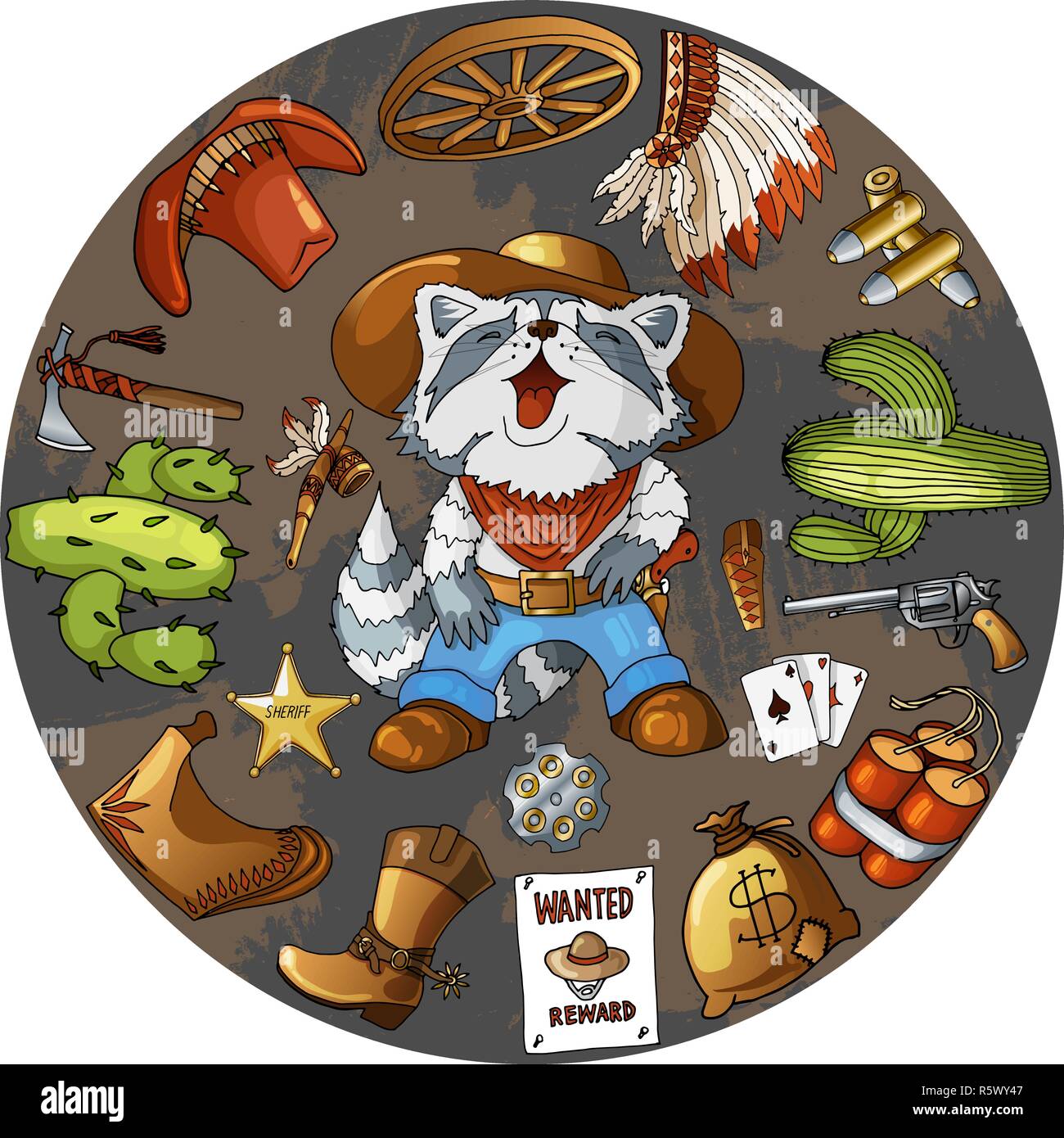 Cartoon character cowboy raccoon set of classic western items round ...