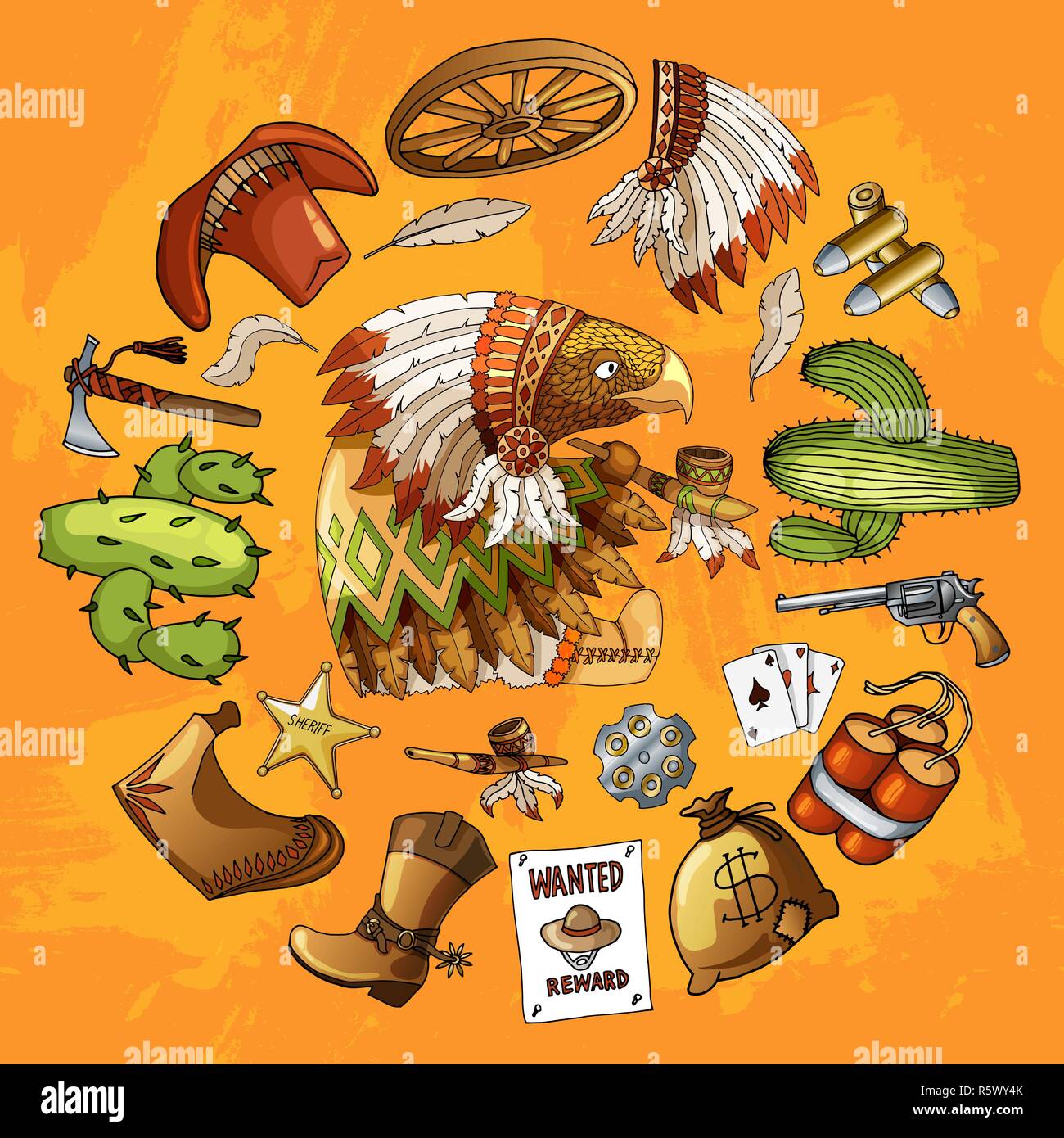 Cartoon character american eagle set of classic western items round ...