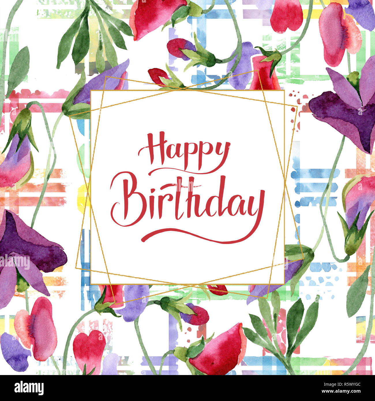 Red sweet pea flowers. Happy Birthday handwriting monogram calligraphy ...