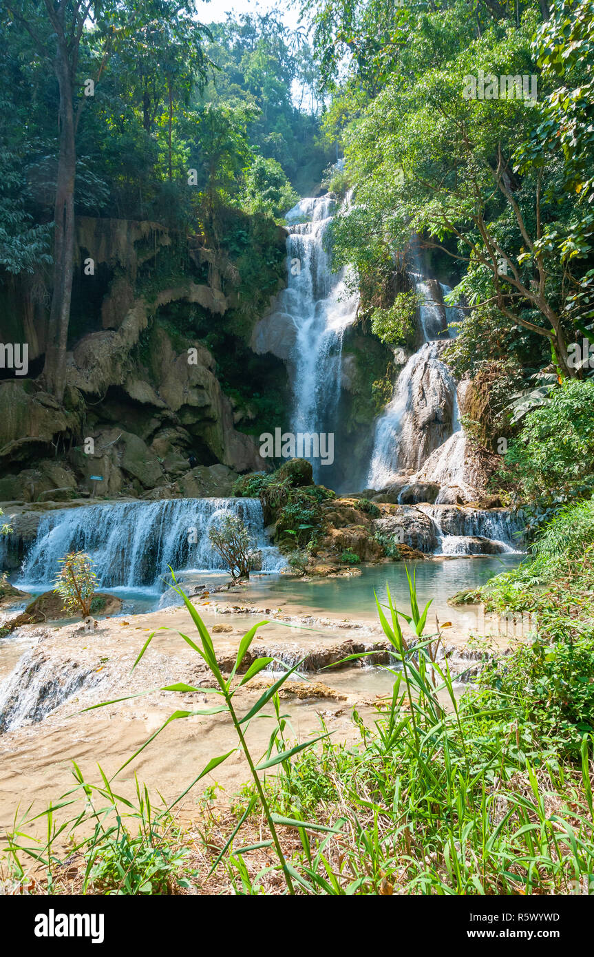 View of the Kuang Si Falls also known at Tat Kuang Si waterfalls a ...