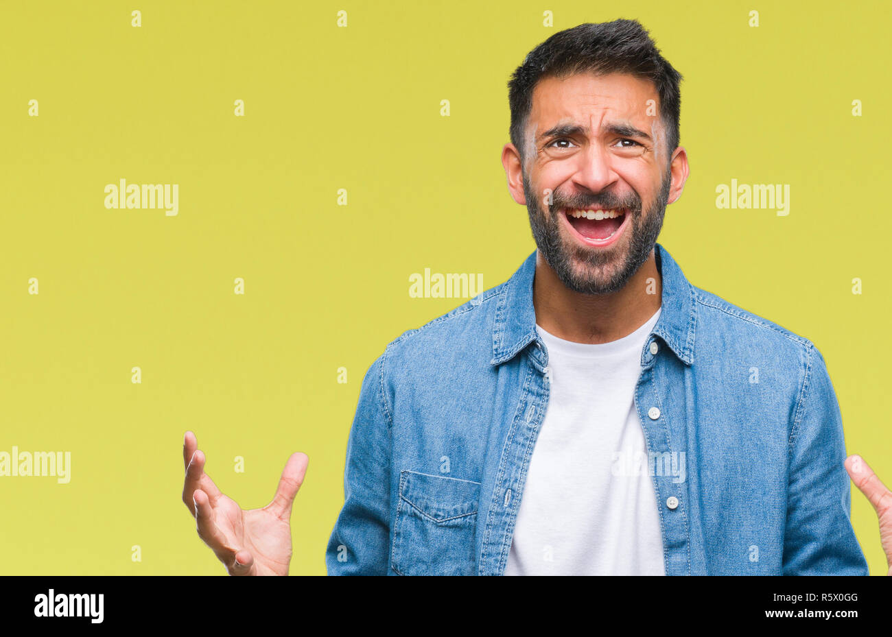 Adult hispanic man over isolated background crazy and mad shouting and ...