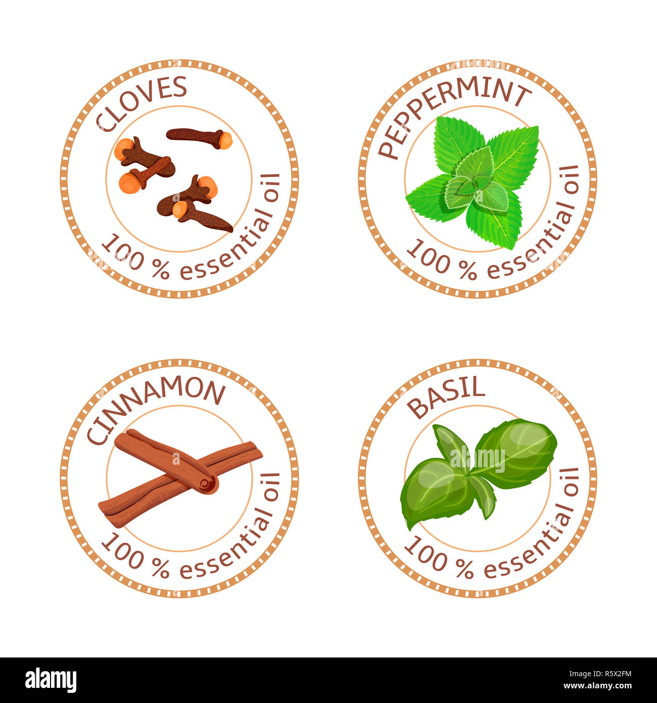 Set of essential oils labels. Cloves, peppermint, cinnamon, basil Stock ...