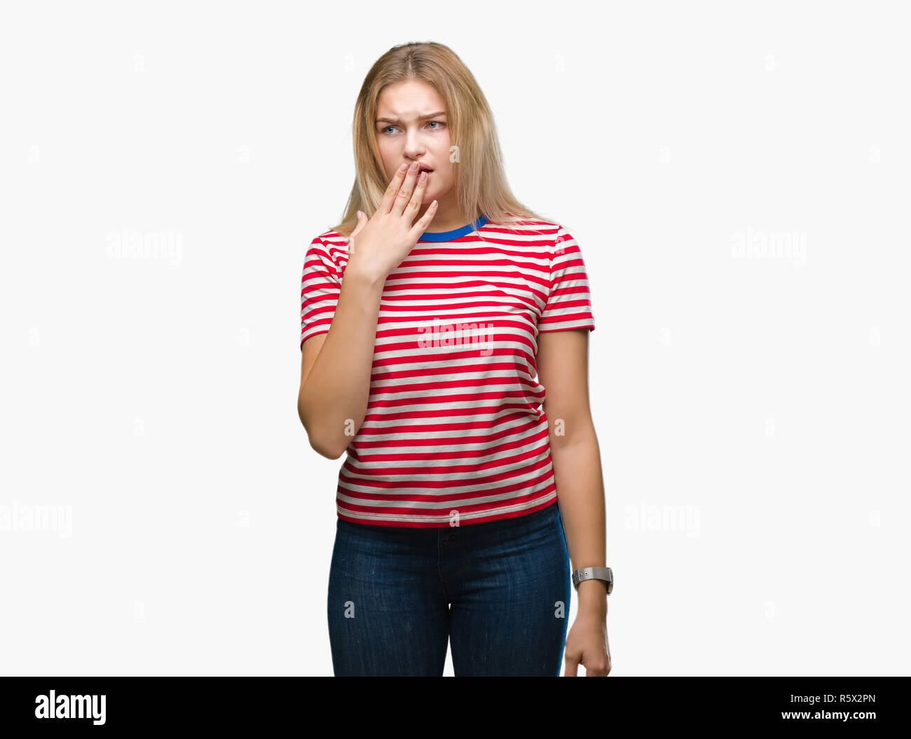 Young caucasian woman over isolated background bored yawning tired ...