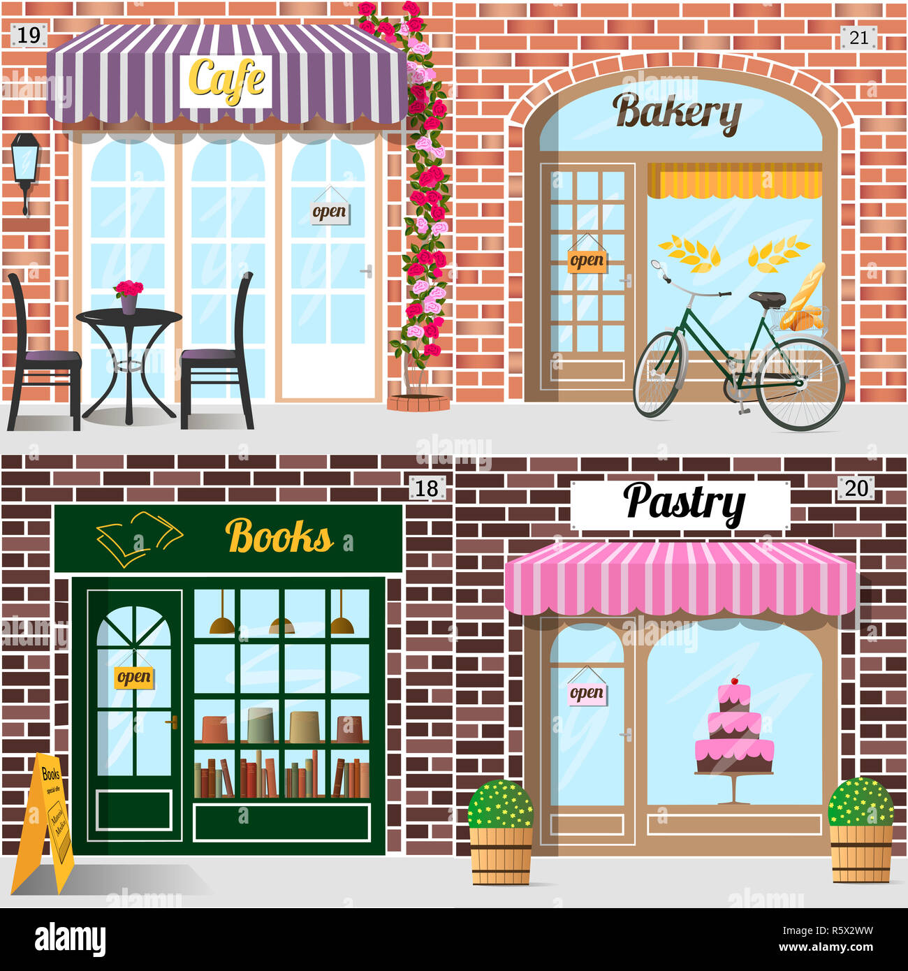 Set of different facades bakery, cafe, bookshop and pastry shop Stock ...