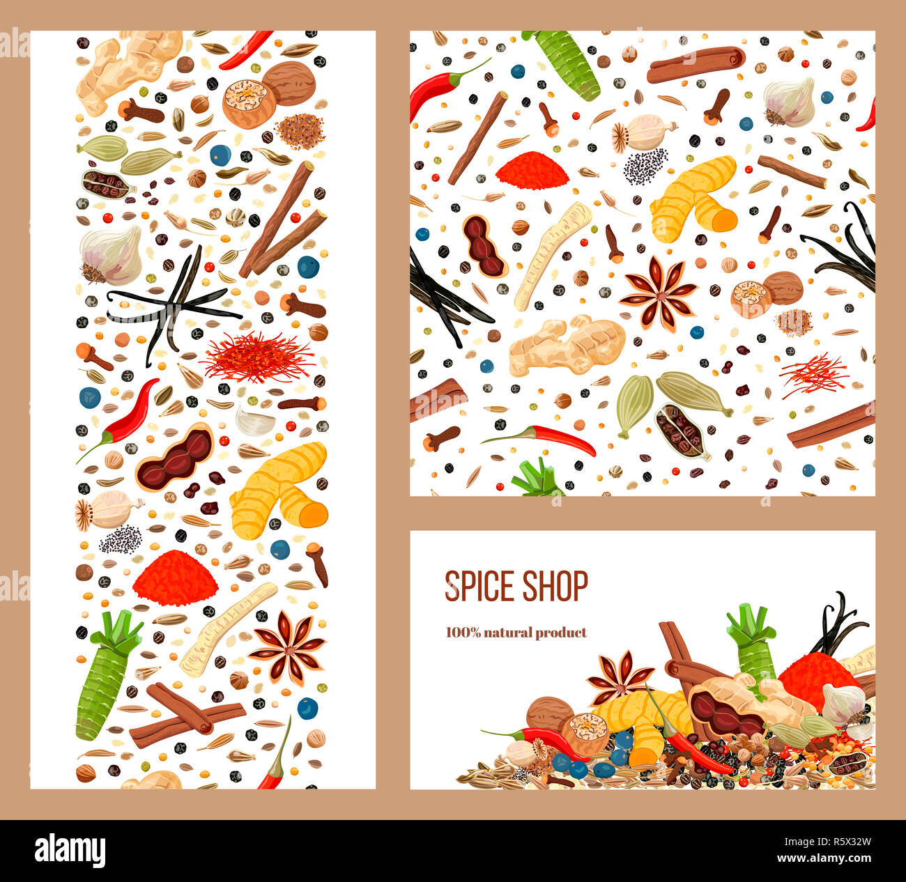 Realistic popular culinary spices. Labels set. Shop sign. stripes and ...