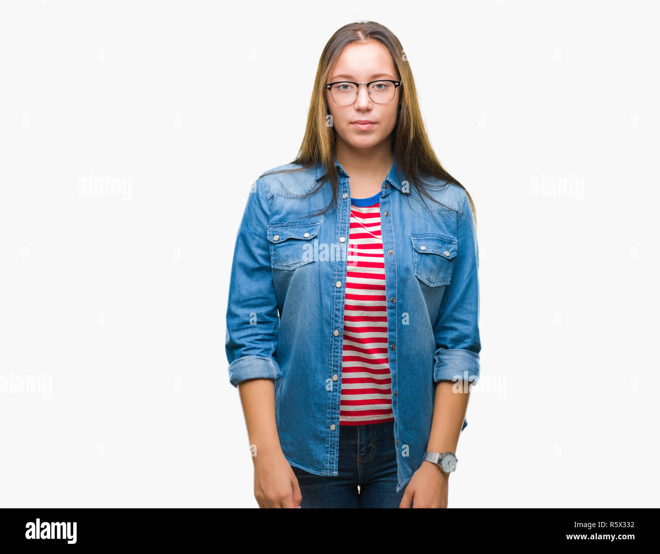 Young beautiful caucasian woman wearing glasses over isolated ...