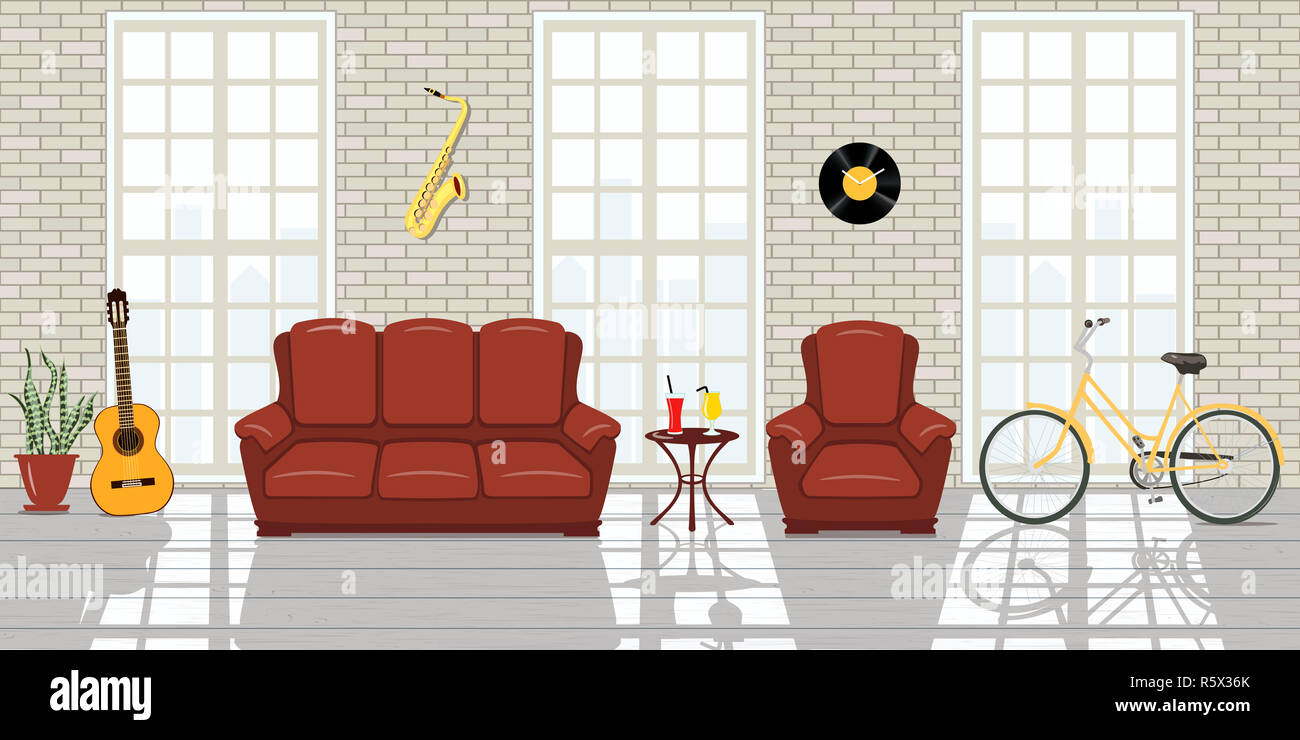 Loft studio Interior. Big windows, white brick wall room of musician ...