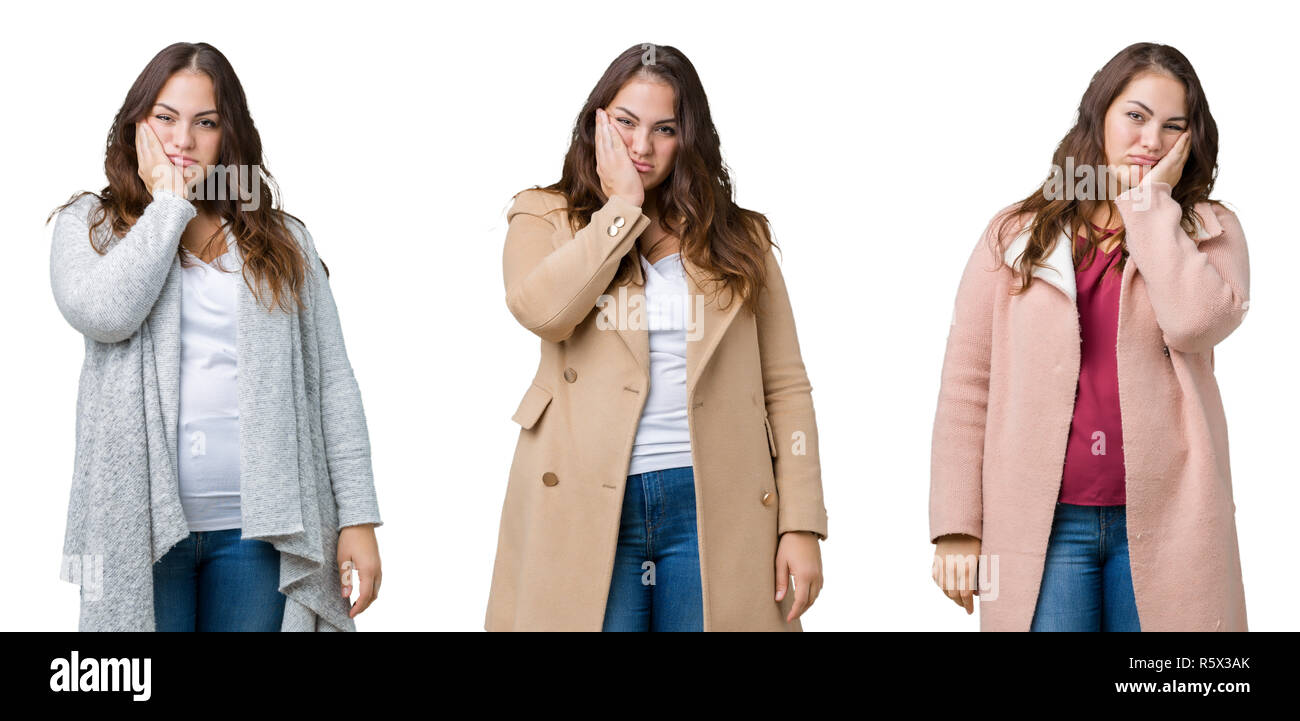 Collage of beautiful plus size woman wearing winter jacket over ...