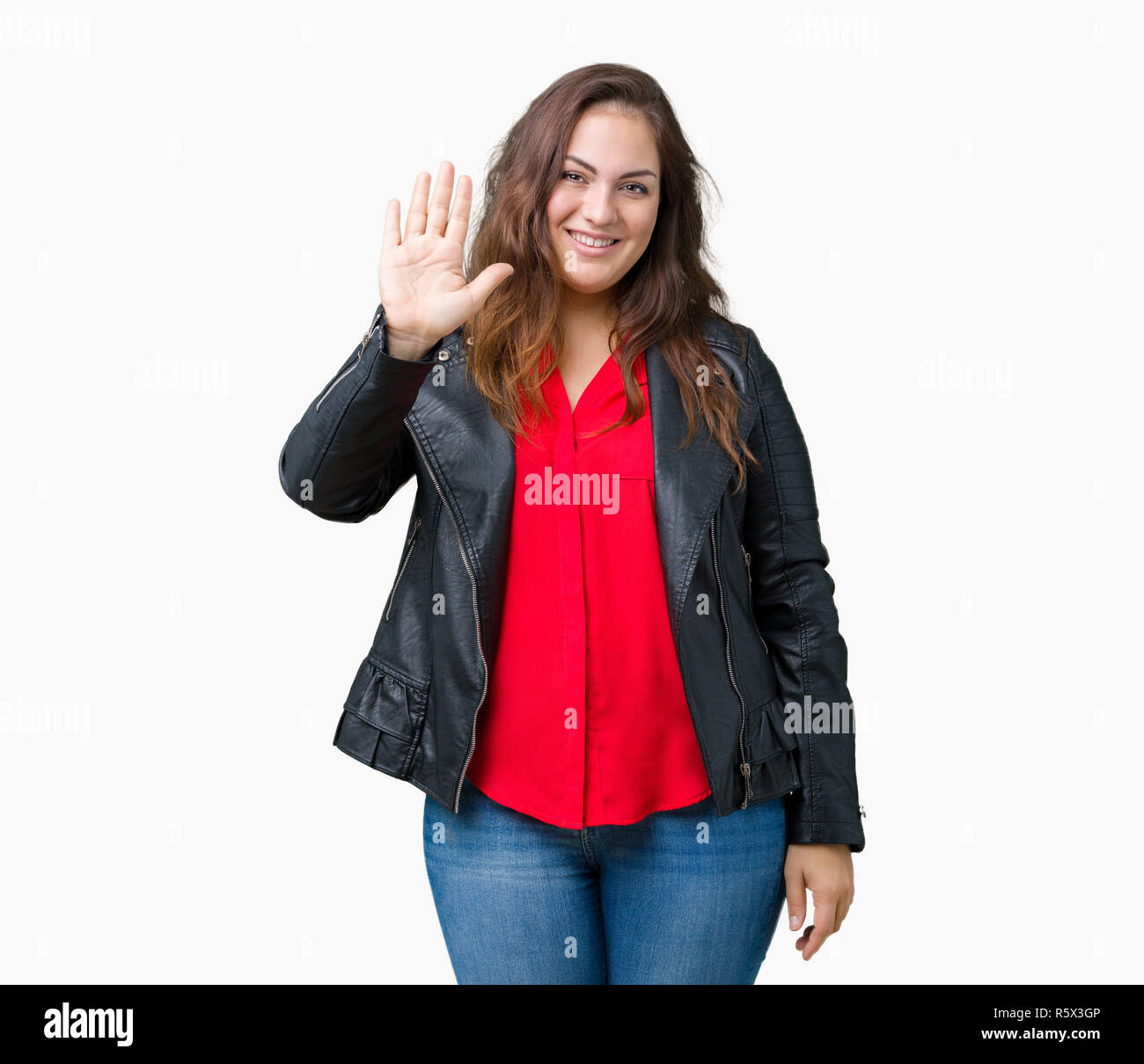 Beautiful plus size young woman wearing a fashion leather jacket over ...