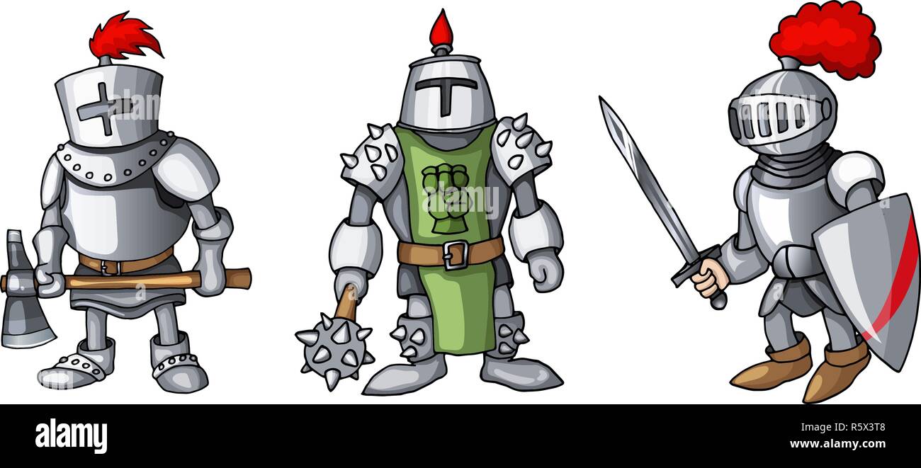 Cartoon colored three medieval knights prepering for Knight Tournament ...