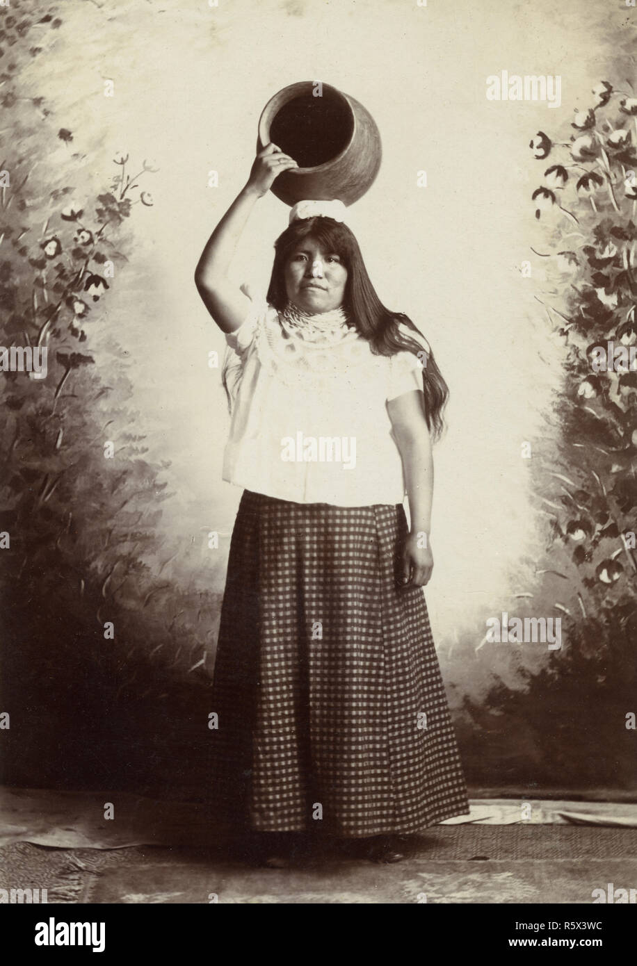 Studio portrait of Pima Woman with Olla pot on head Phoenix Arizona ...