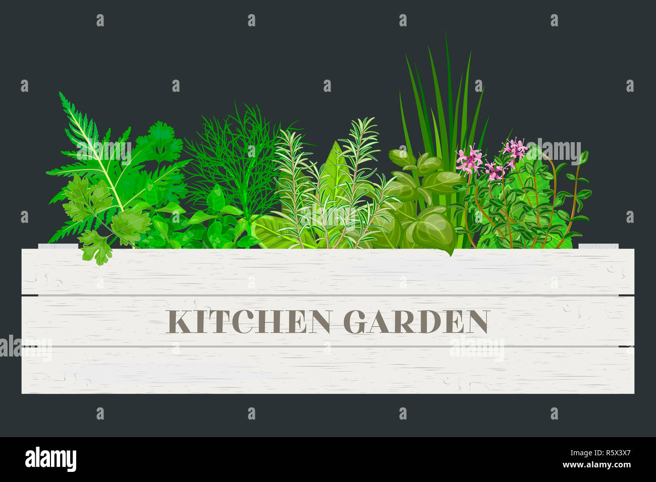 White wooden crate of farm fresh cooking herbs with labels in wooden ...