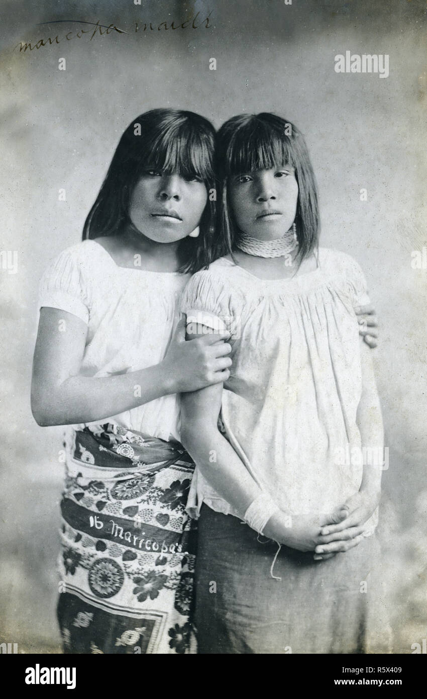 Studio portrait of two Young Pima girls Arizona Territory ca 1898 Stock ...