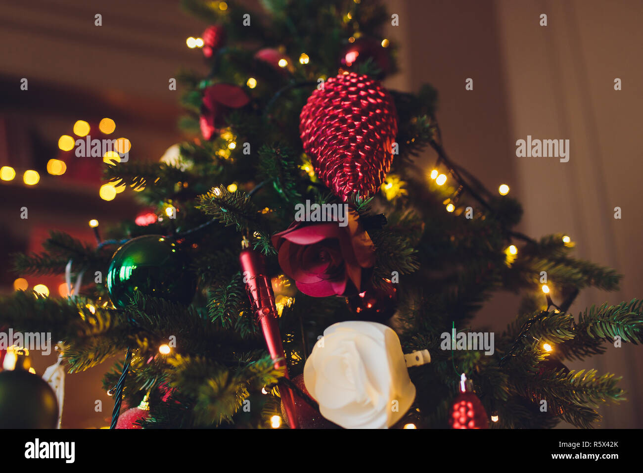Christmas background - baubles and branch of spruce tree Stock Photo ...