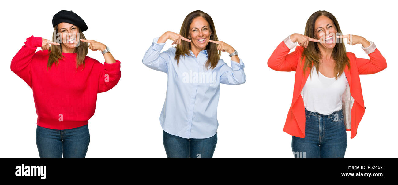 Collage of beautiful middle age woman over white isolated background ...