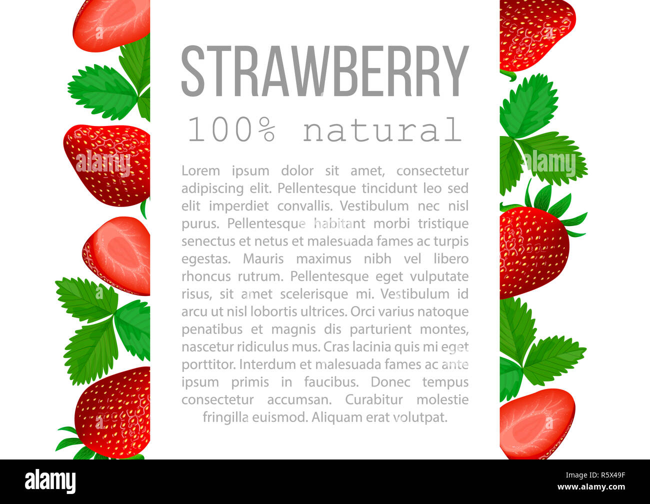 Strawberry with leaves poster with description text Stock Photo - Alamy