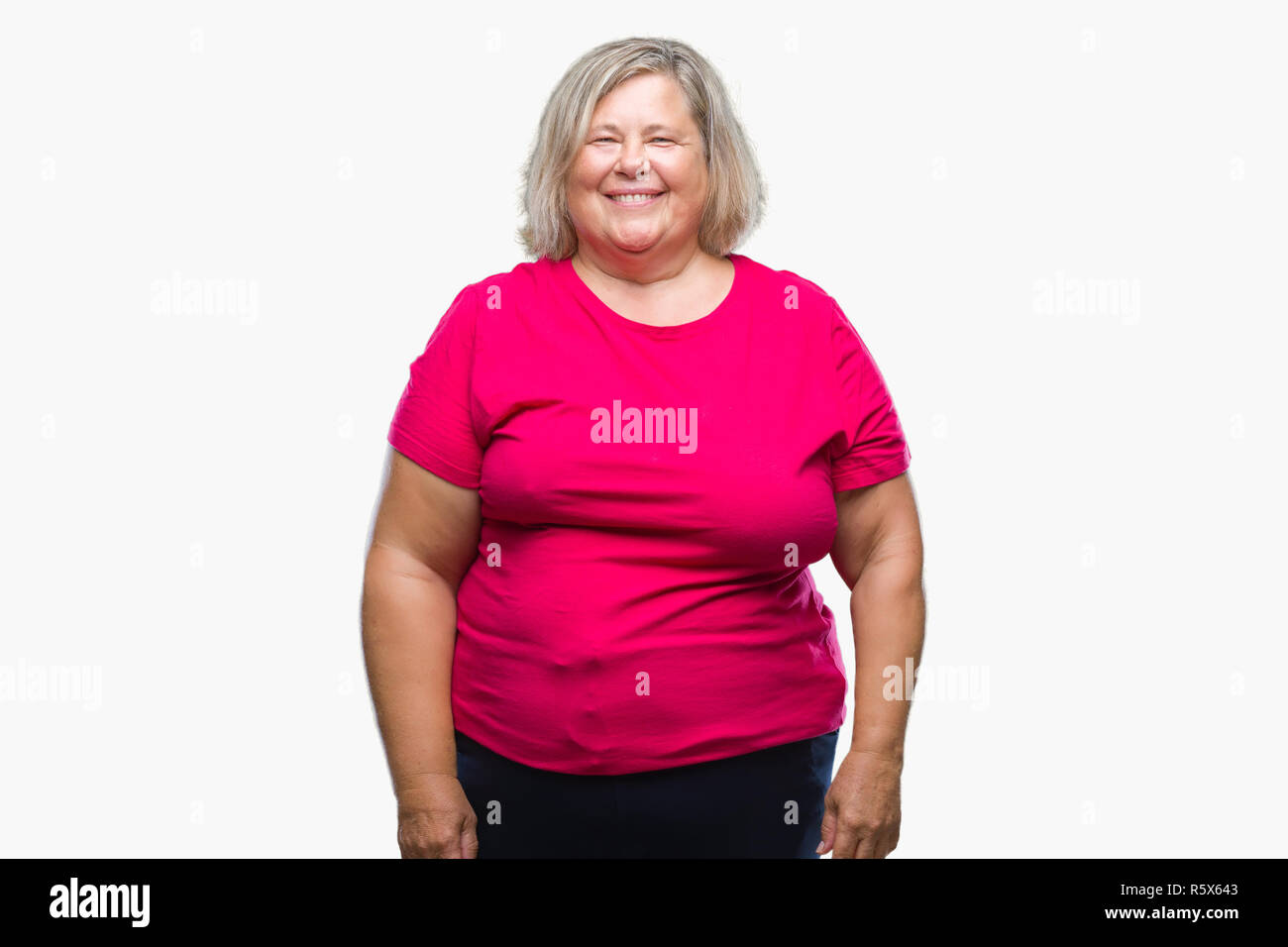 Senior plus size caucasian woman over isolated background with a happy ...