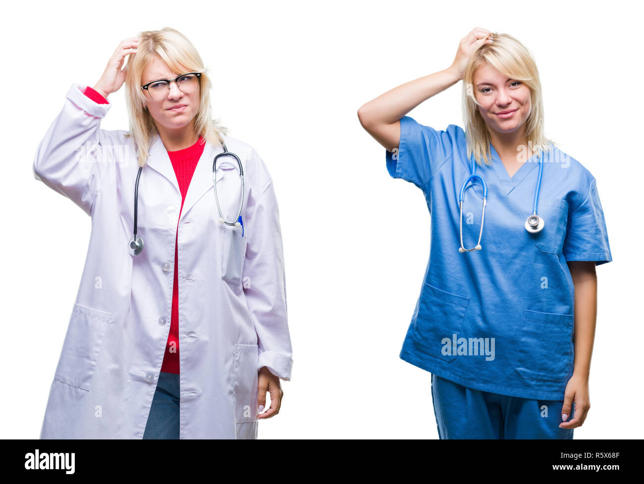 Collage of doctor and nurse woman over white isolated background ...