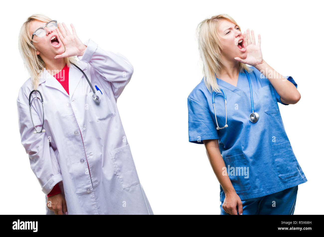 Collage of doctor and nurse woman over white isolated background ...