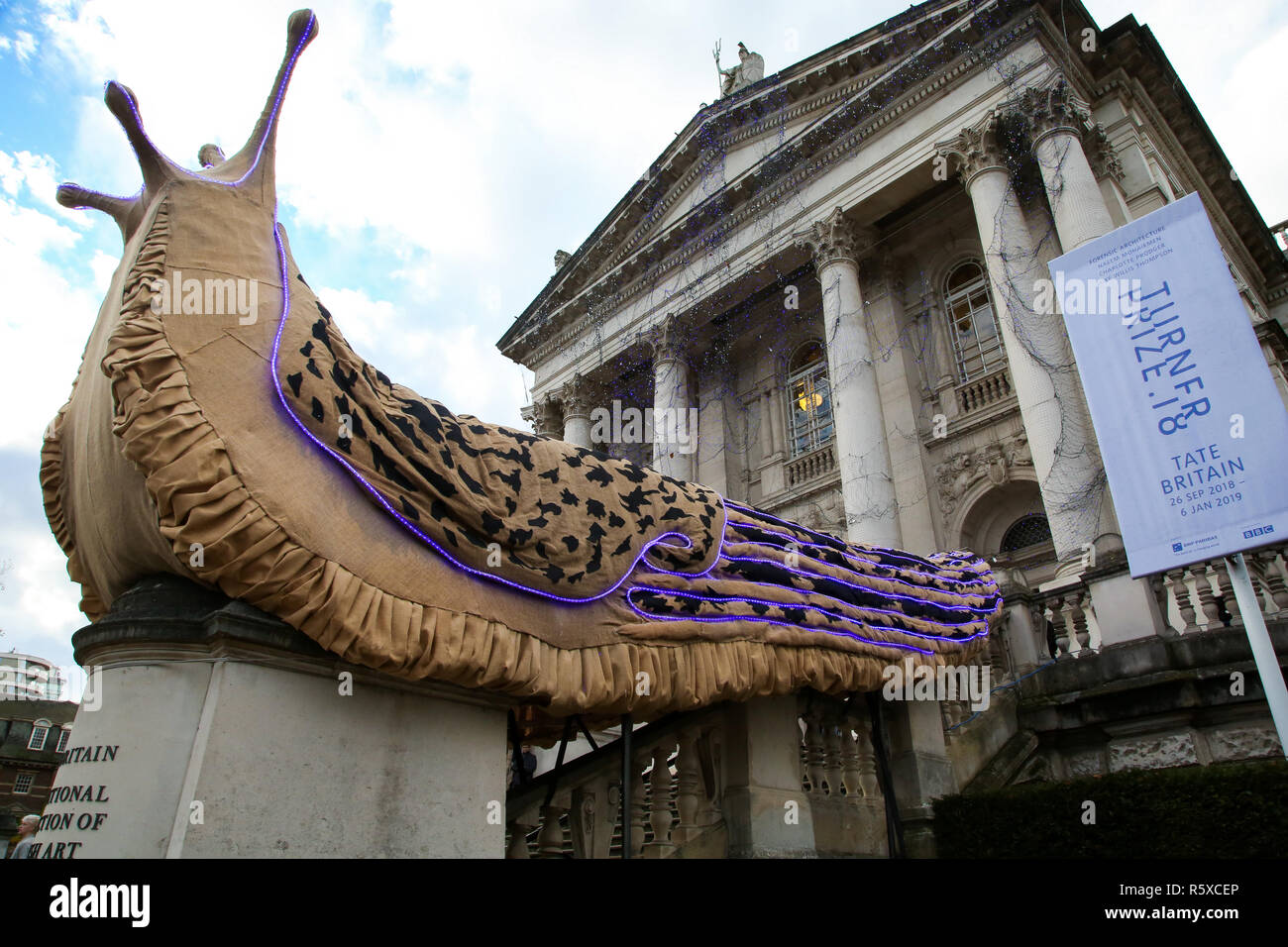 London, UK. 2nd Dec, 2018. Giant and illuminated leopard slug ...