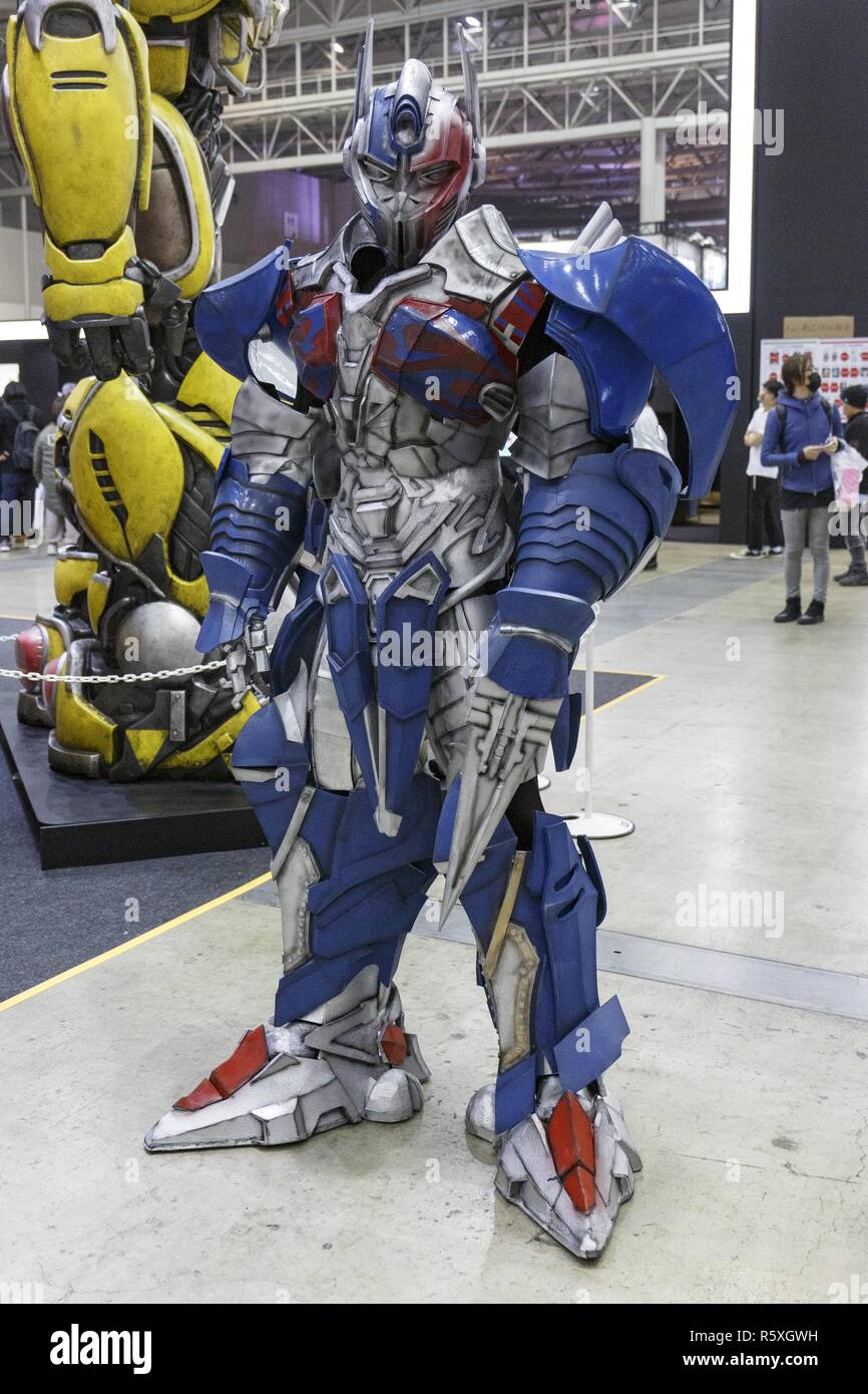 Chiba, Japan. 2nd Dec, 2018. A cosplayer dressed as Optimus Prime poses ...