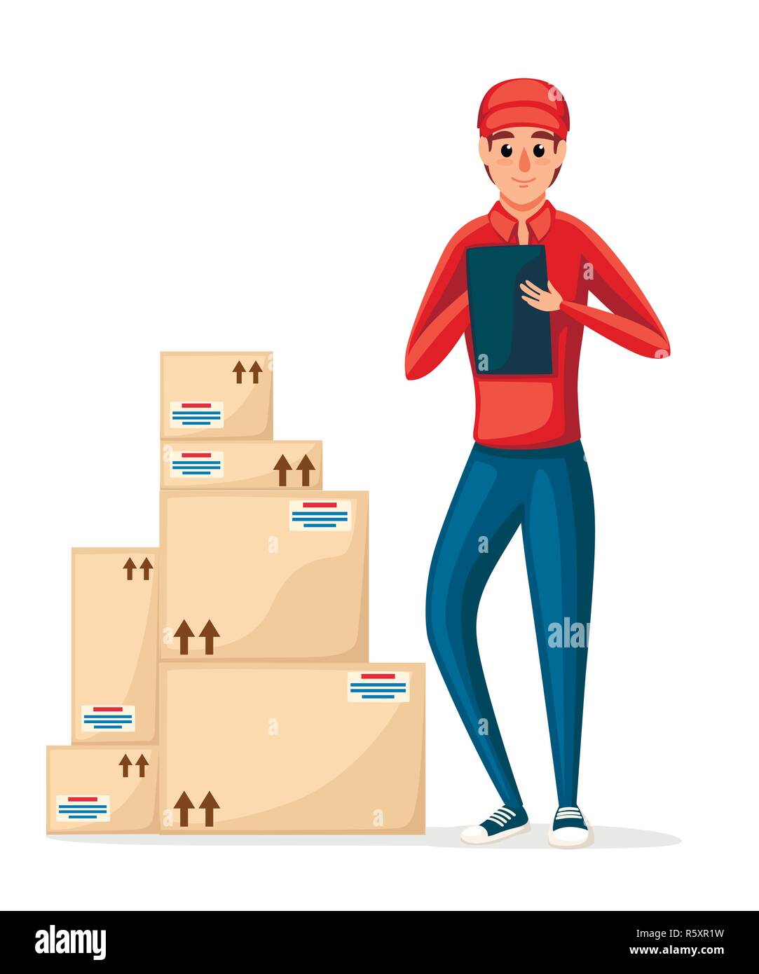 Postal courier with stack of cardboard boxes. Delivery worker holding ...