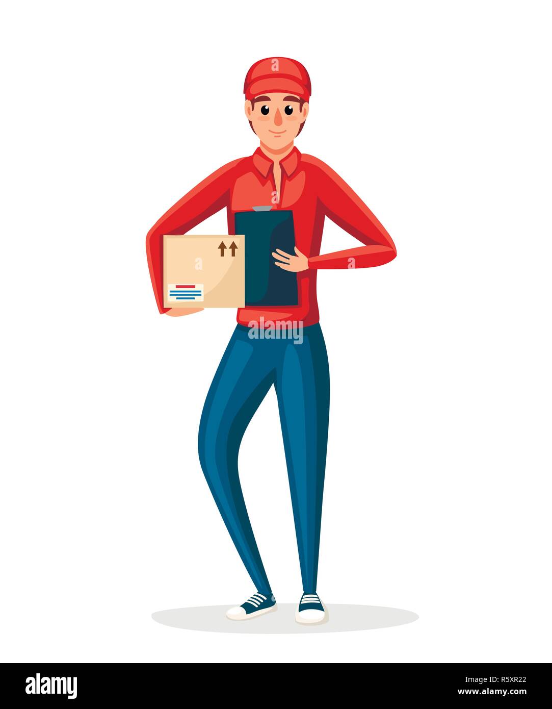 Postal courier. Delivery worker holding cardboard box. Cartoon ...