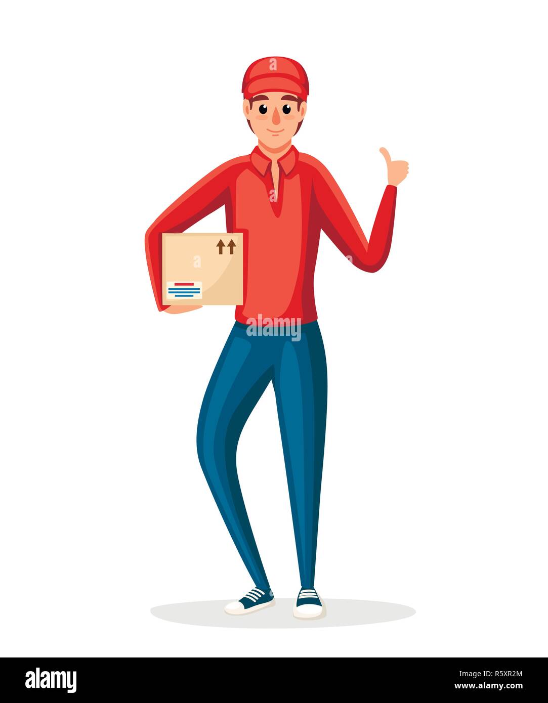 Postal courier. Delivery worker holding cardboard box. Cartoon ...