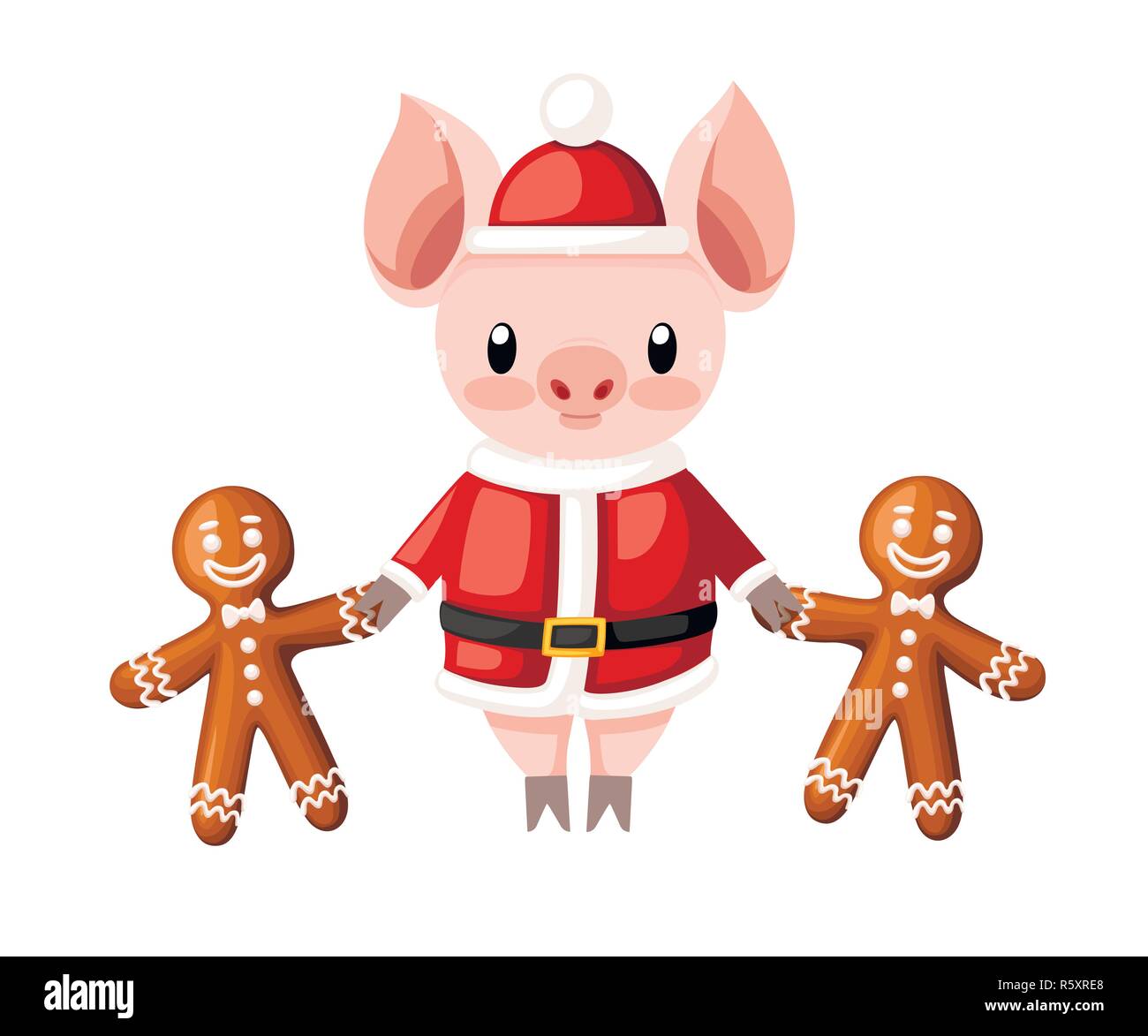 Cute pig in Christmas santa costume with two gingerbread cookie ...