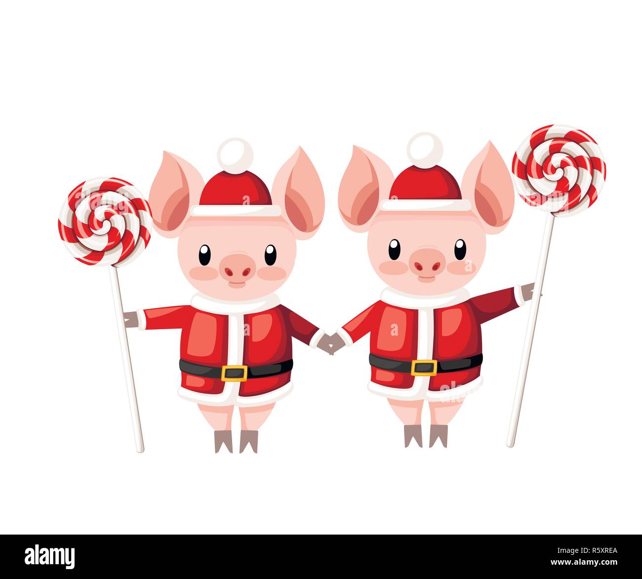Two cute pigs in Christmas santa costume. Pig hold candy stick. Cartoon ...