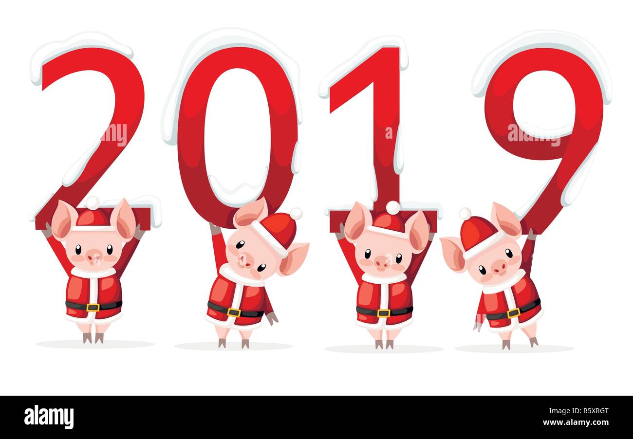 Four cute pigs in Christmas santa costume holding 2019. Numbers in the ...