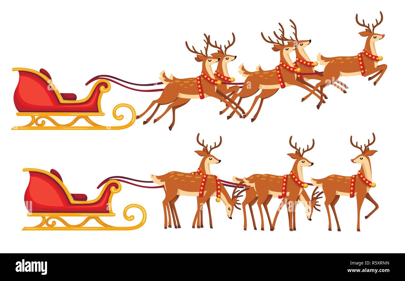 Christmas santa sleigh and group of deer. Flat vector illustration isolated on white background ...