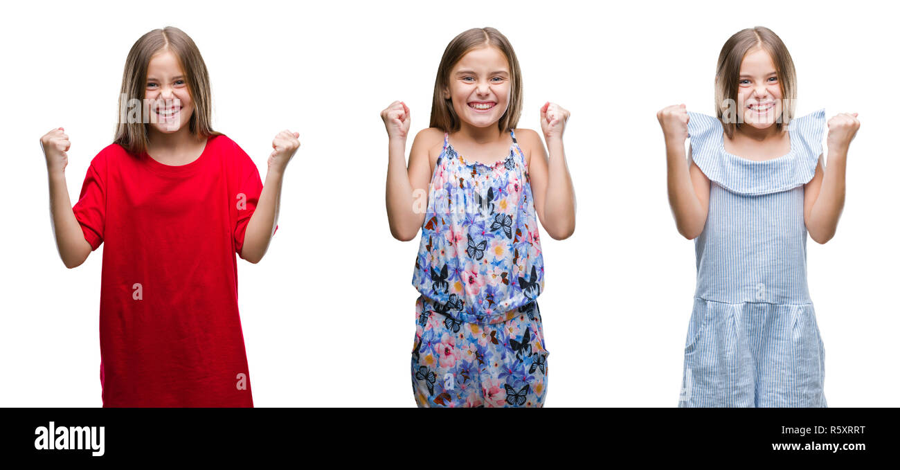 Collage of young beautiful little girl kid over isolated background ...