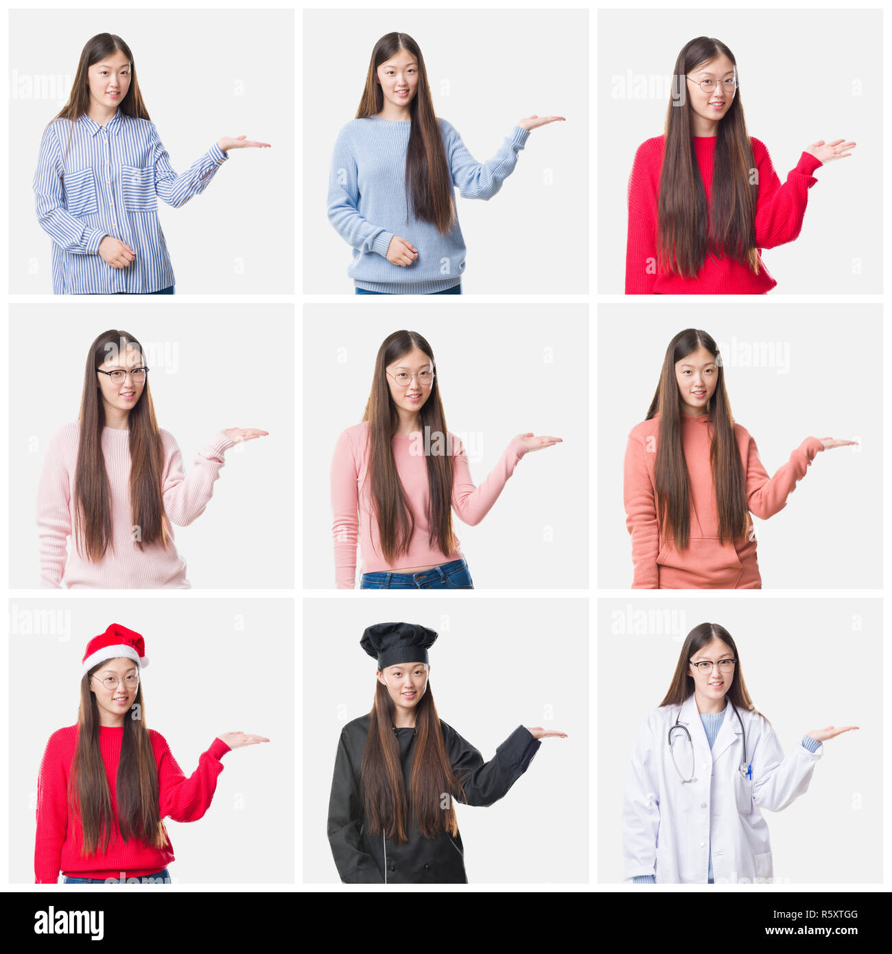 Collage of young doctor, chef asian woman isolated background smiling ...