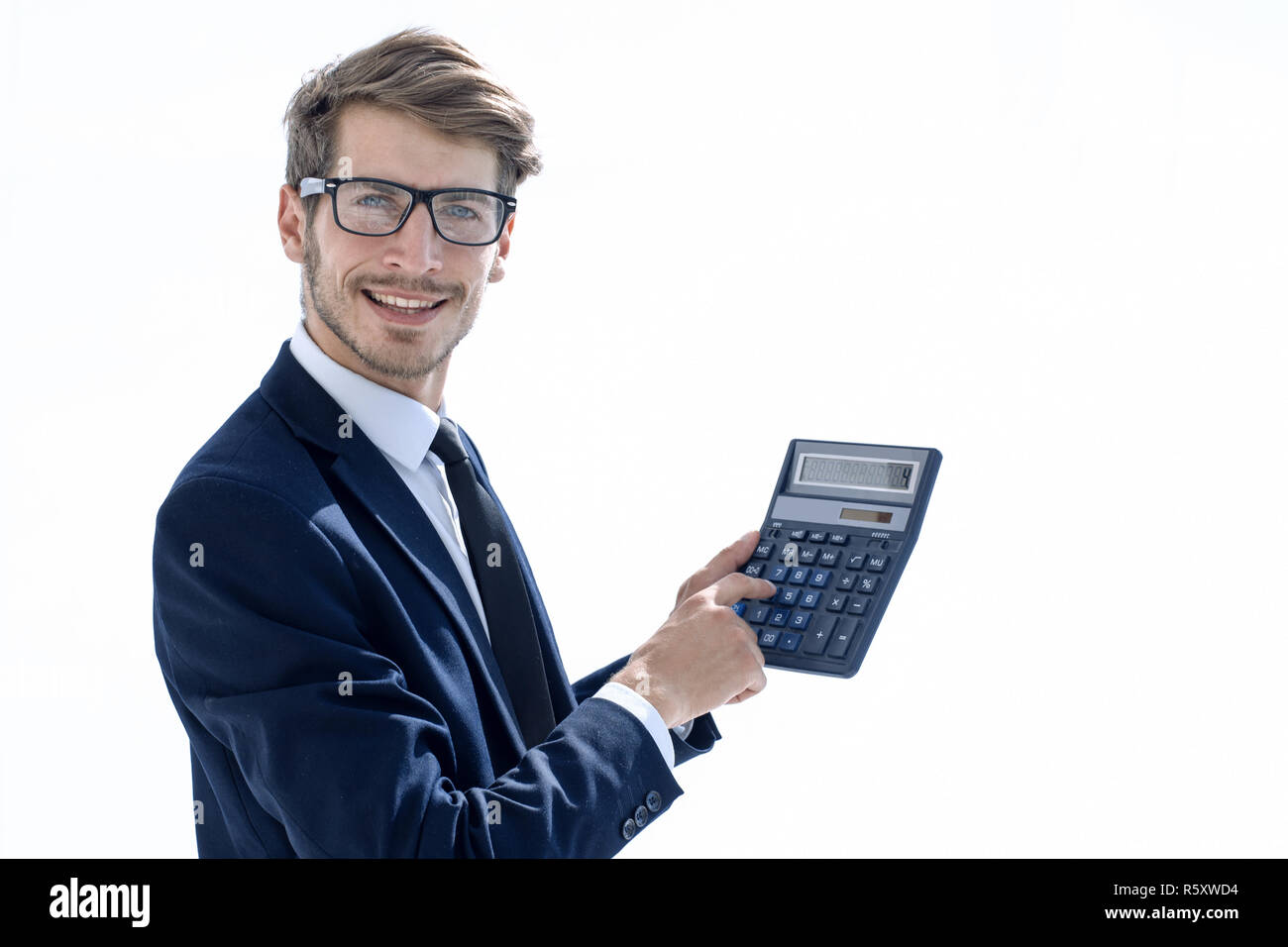 Caucasian business man calculator smiling hi-res stock photography and ...