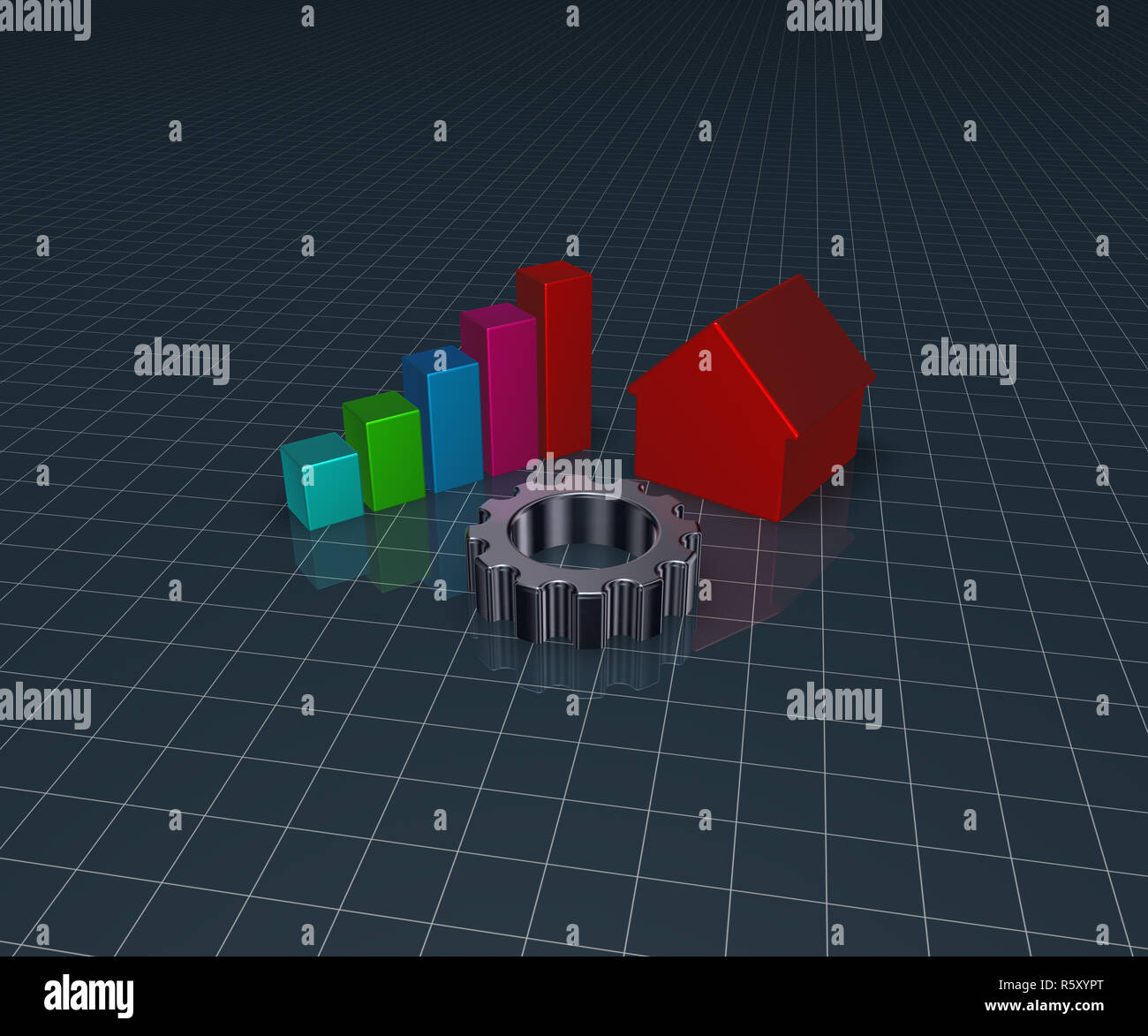 model house,bar chart and gear wheel Stock Photo - Alamy
