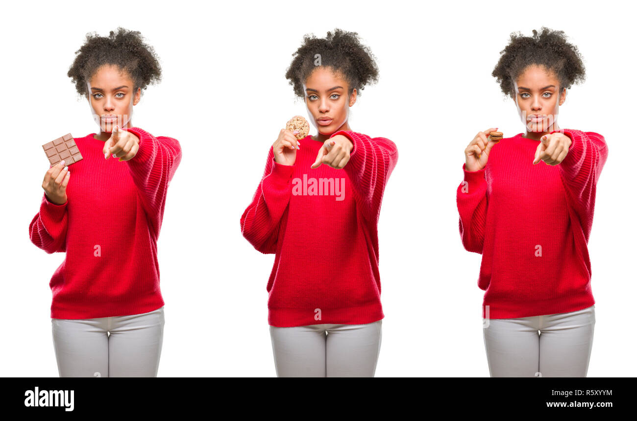 Collage of african american woman eating chocolate chip cookie over ...