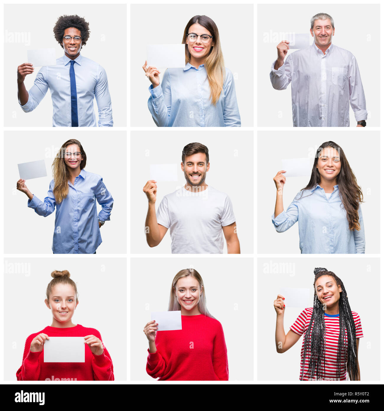 Collage of group of people holding blank visit card over isolated ...